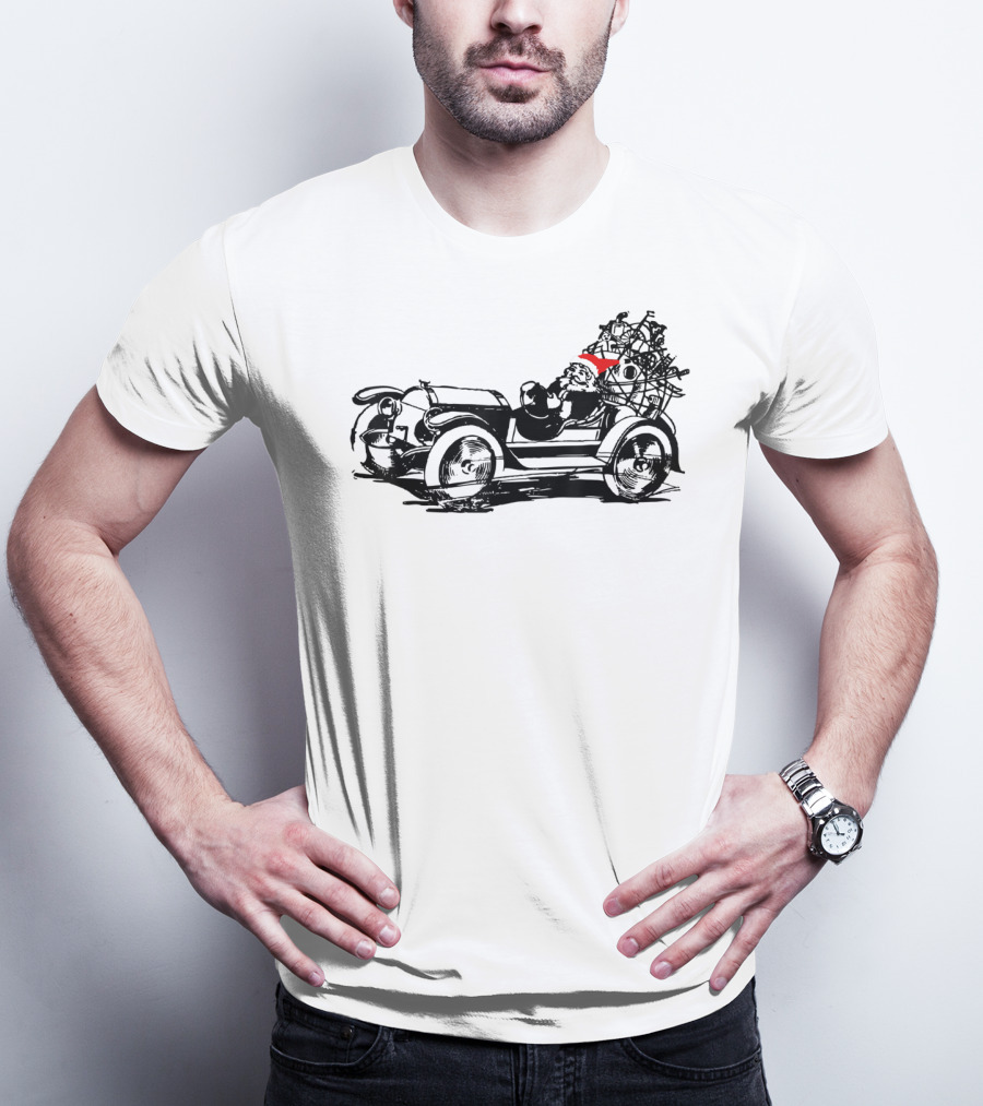 Santa Driving Vintage Car With Christmas Tree Load T-Shirt