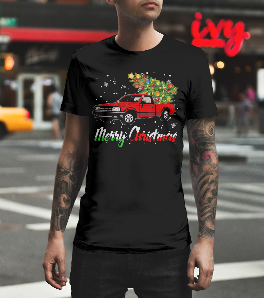 Merry Christmas Classic Old Red Truck With Christmas Tree And Snowflakes T-Shirt