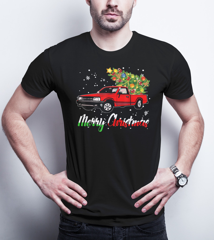 Merry Christmas Classic Old Red Truck With Christmas Tree And Snowflakes T-Shirt