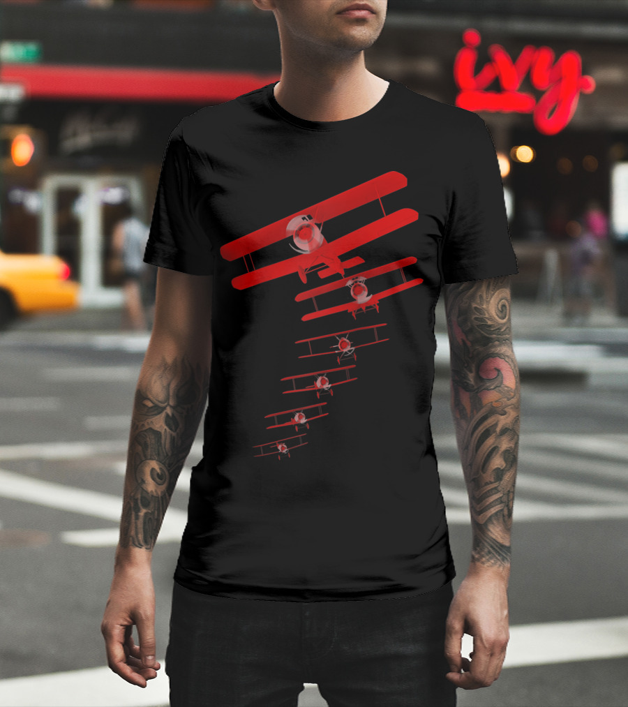Classic Red Aviation Biplane Formation T-Shirt