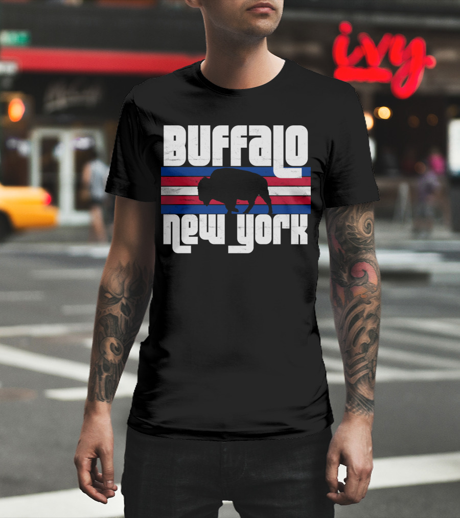 Buffalo New York Bison Silhouette Retro Stripes T-Shirt