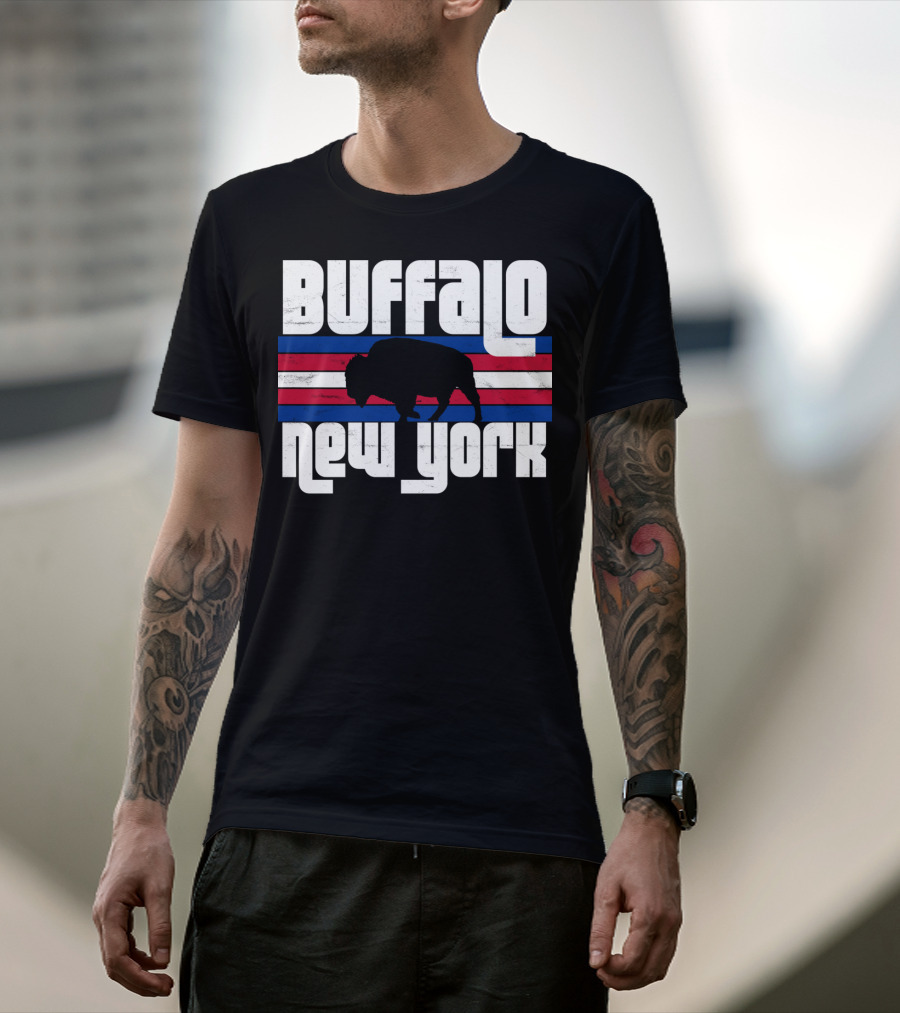 Buffalo New York Bison Silhouette Retro Stripes T-Shirt