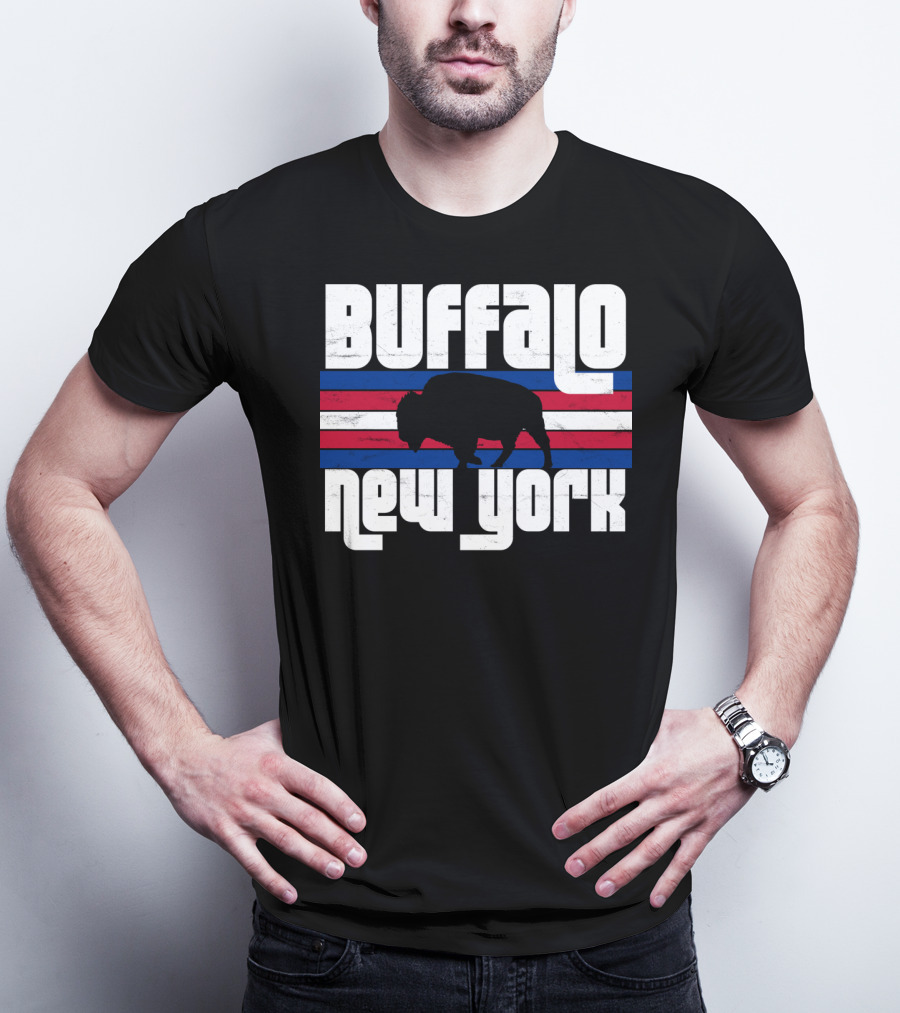 Buffalo New York Bison Silhouette Retro Stripes T-Shirt