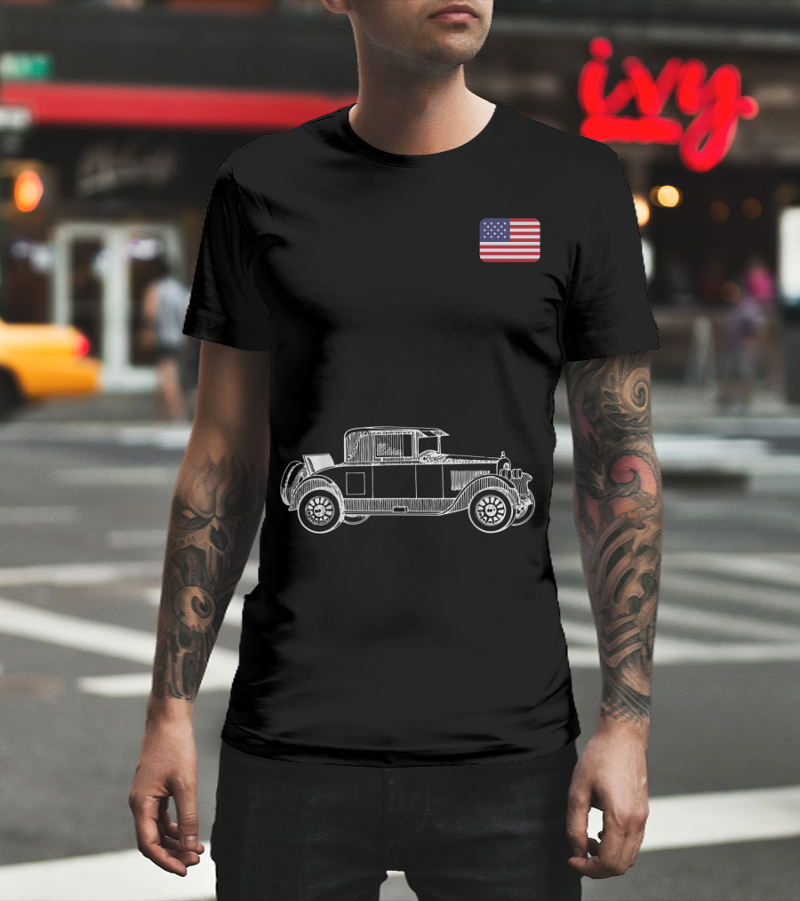 Classic Car USA American Flag Racing Patriotic Vintage Automobile T-Shirt
