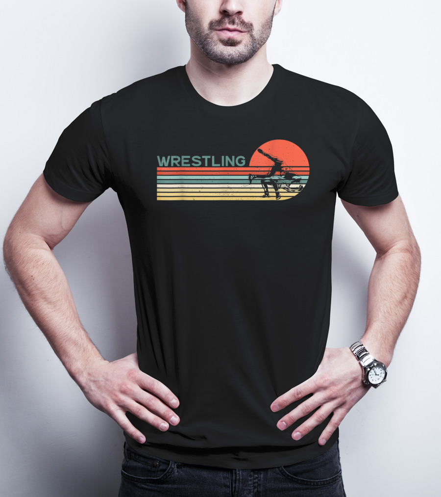 Wrestling Sunset Silhouette Retro Style Classic Catch Birthday T-Shirt