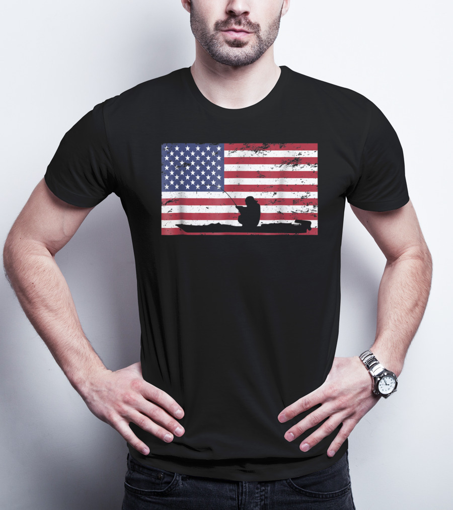 Kayak Fishing Silhouette On Distressed American Flag T-Shirt