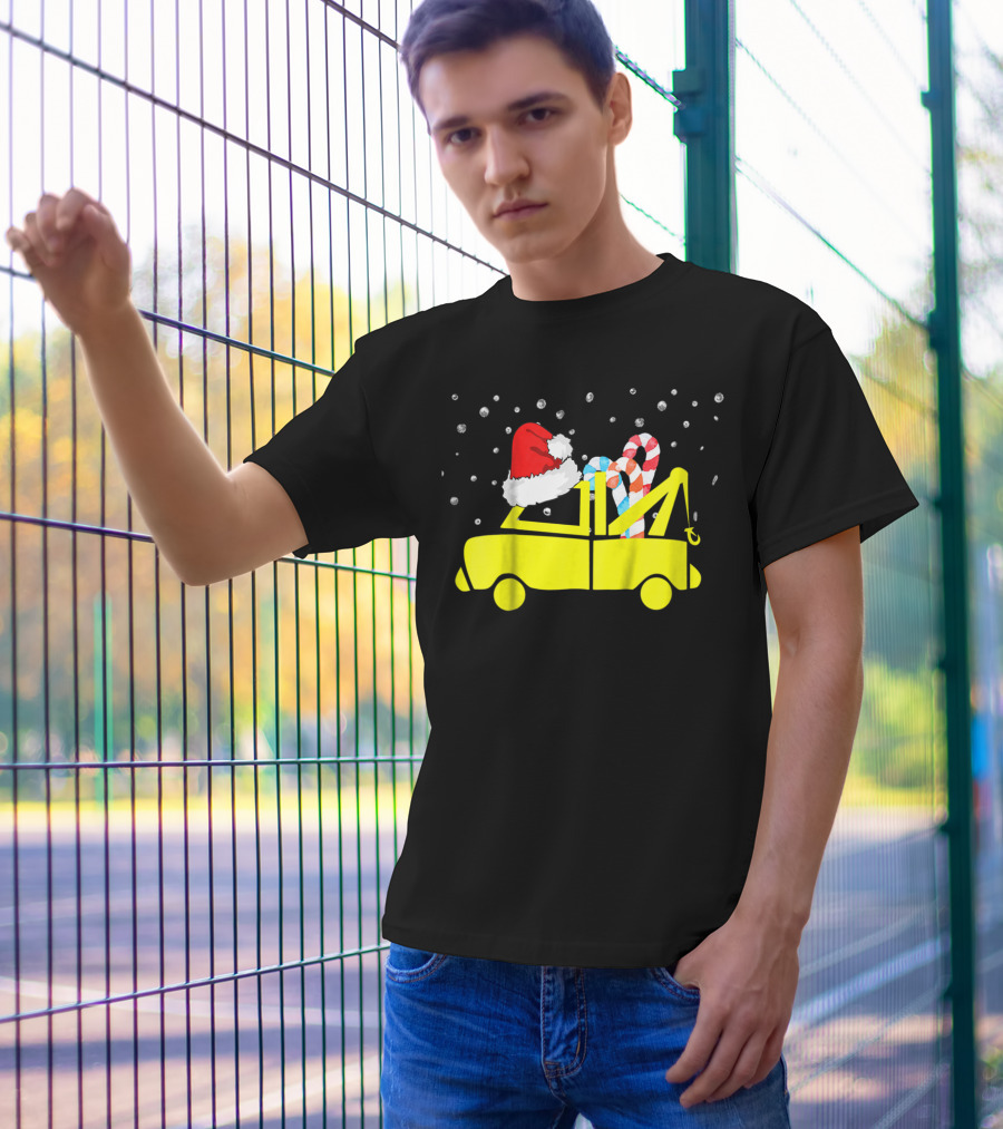 Kids Tow Truck Boys Christmas Santa Hat Candy Cane Snow T-Shirt