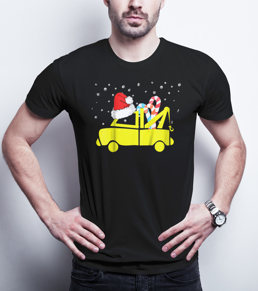 Kids Tow Truck Boys Christmas Santa Hat Candy Cane Snow T-Shirt