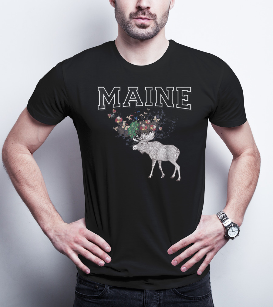 Maine Moose With Floral Antlers T-Shirt