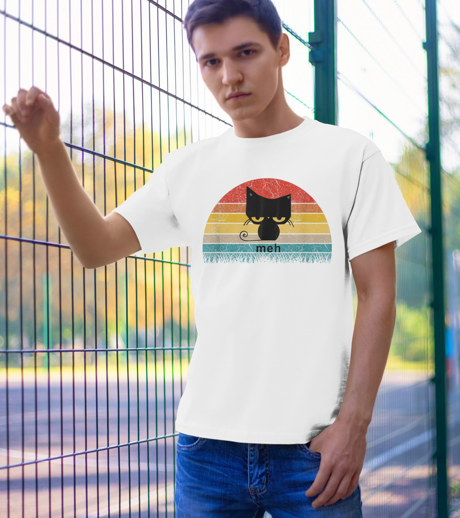 Meh Black Cat Retro Sunset Funny Cat Lovers T-Shirt