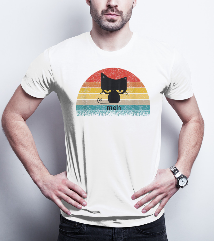 Meh Black Cat Retro Sunset Funny Cat Lovers T-Shirt