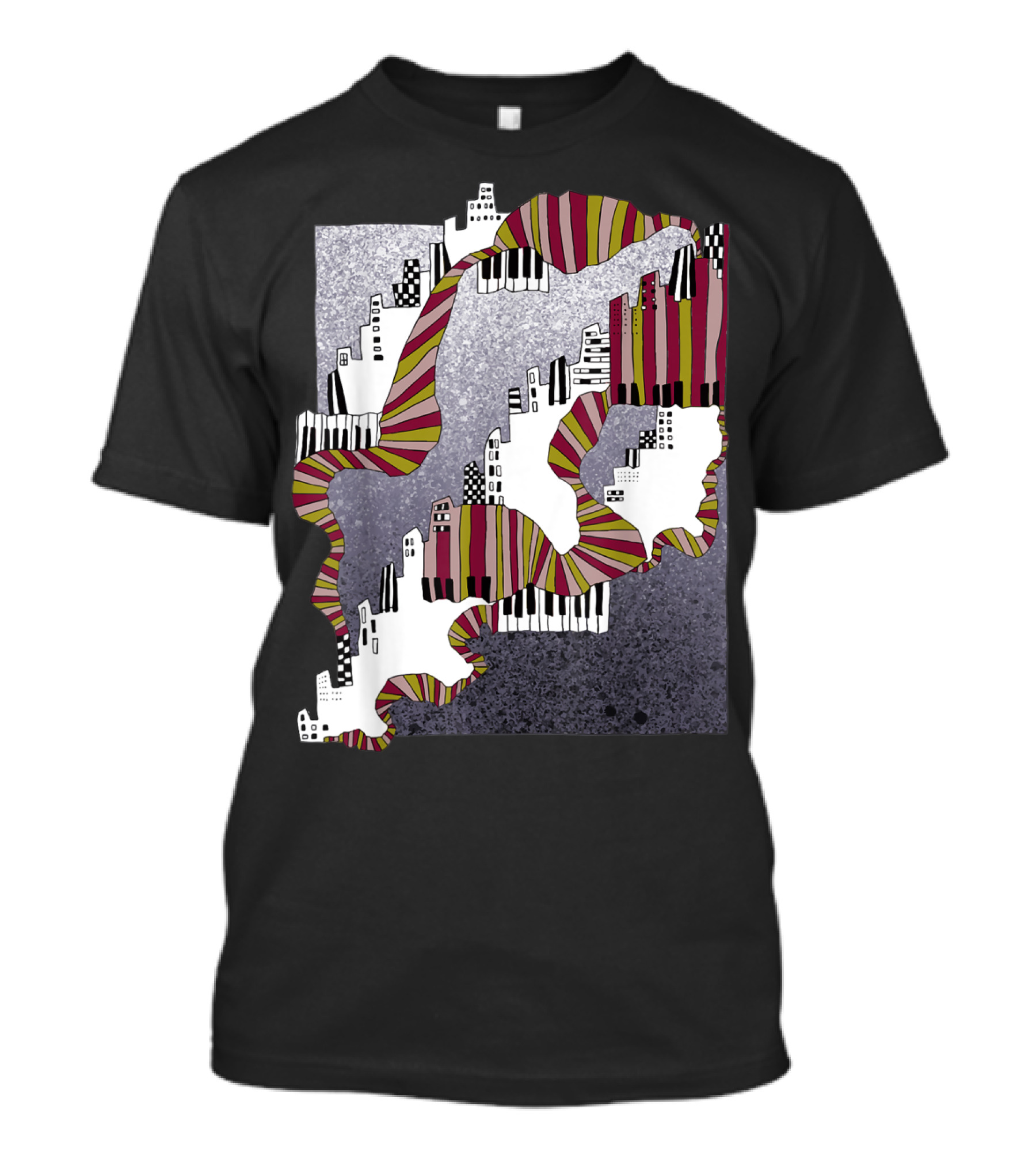 Mellow My Man Cityscape With 90s Hip Hop Piano Keys And Vibrant Stripes T-Shirt