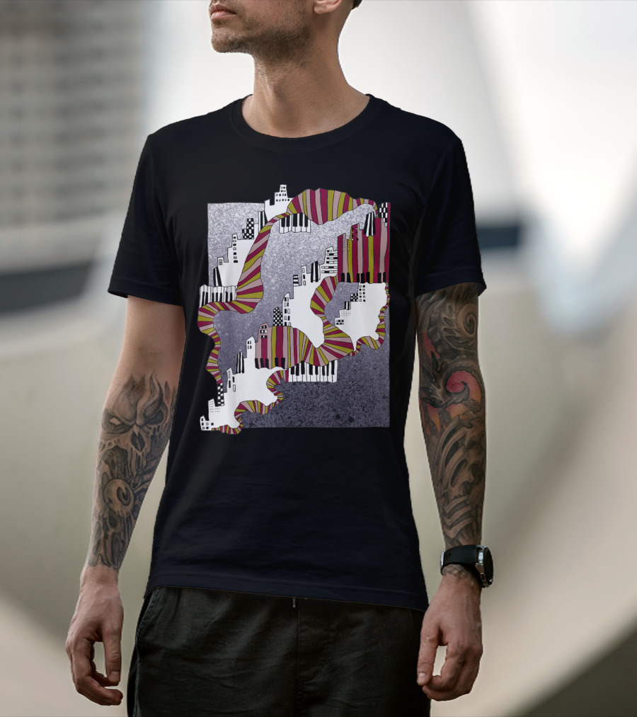 Mellow My Man Cityscape With 90s Hip Hop Piano Keys And Vibrant Stripes T-Shirt