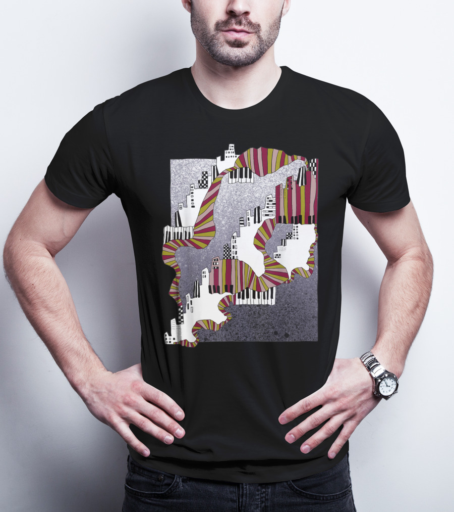 Mellow My Man Cityscape With 90s Hip Hop Piano Keys And Vibrant Stripes T-Shirt