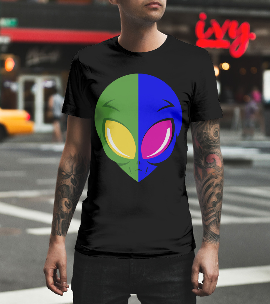 Mens Glow In The Dark Alien Head Dual Colors Green Blue Yellow Pink T-Shirt