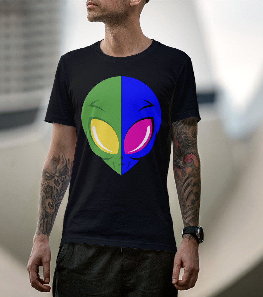 Mens Glow In The Dark Alien Head Dual Colors Green Blue Yellow Pink T-Shirt