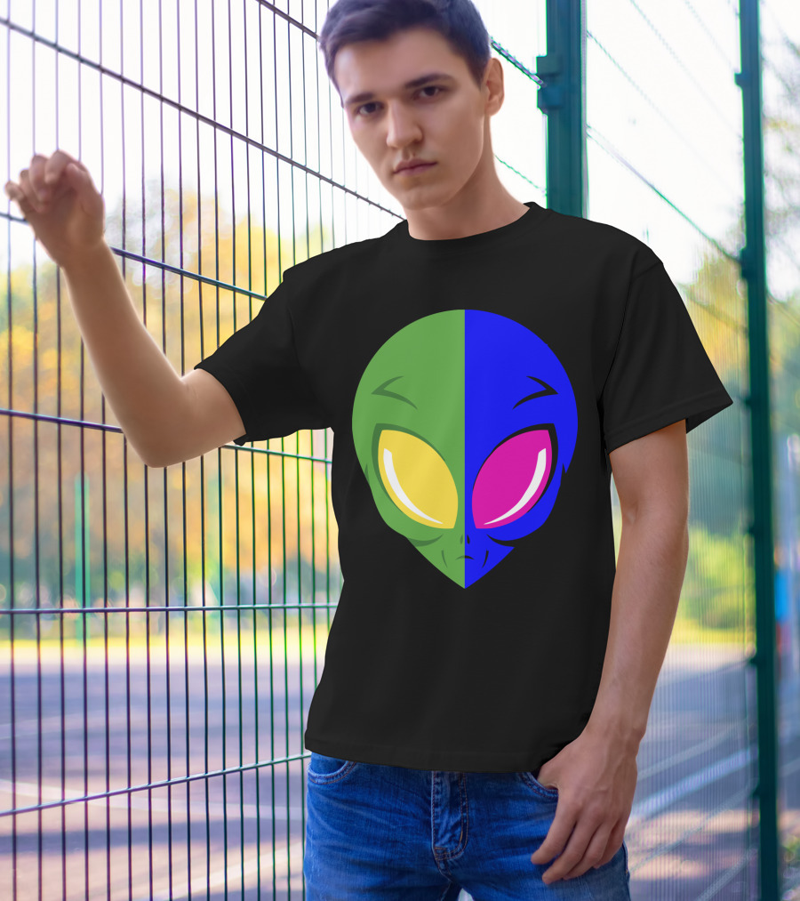 Mens Glow In The Dark Alien Head Dual Colors Green Blue Yellow Pink T-Shirt