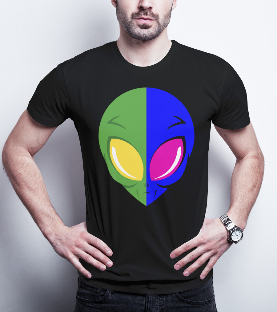Mens Glow In The Dark Alien Head Dual Colors Green Blue Yellow Pink T-Shirt