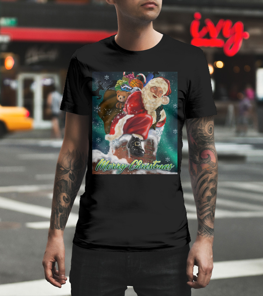 Merry Christmas Santa Claus On Chimney With Toy Sack Holiday Scene T-Shirt