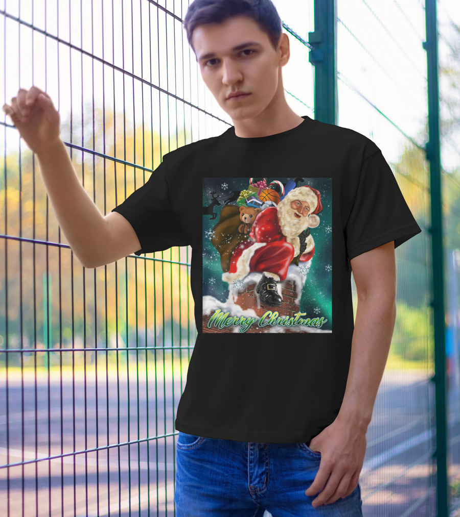 Merry Christmas Santa Claus On Chimney With Toy Sack Holiday Scene T-Shirt