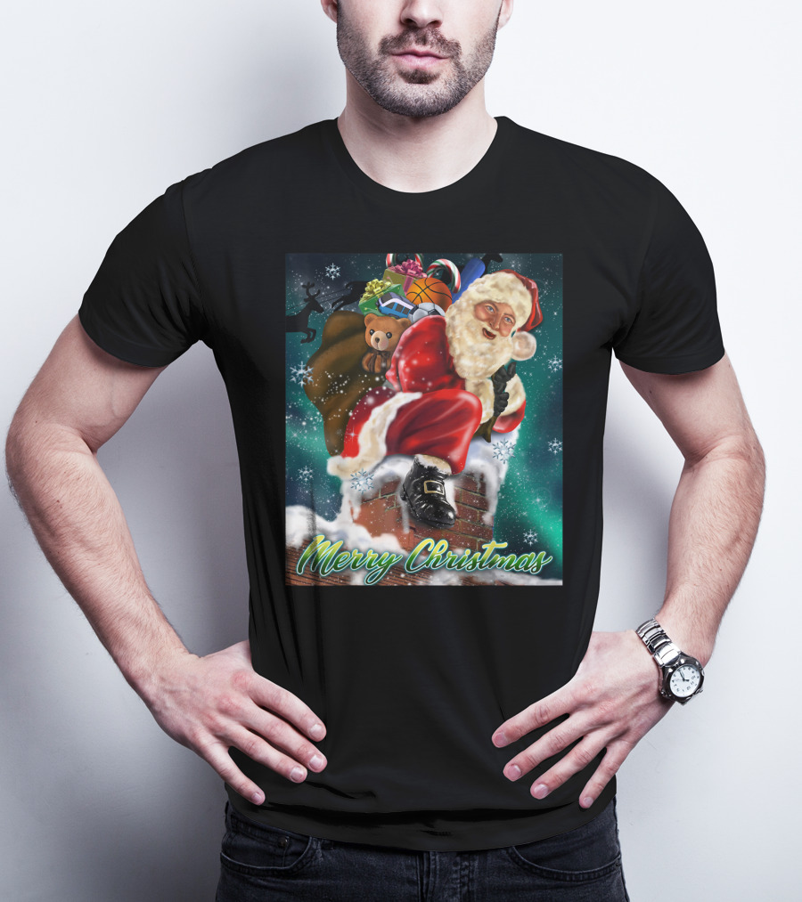Merry Christmas Santa Claus On Chimney With Toy Sack Holiday Scene T-Shirt