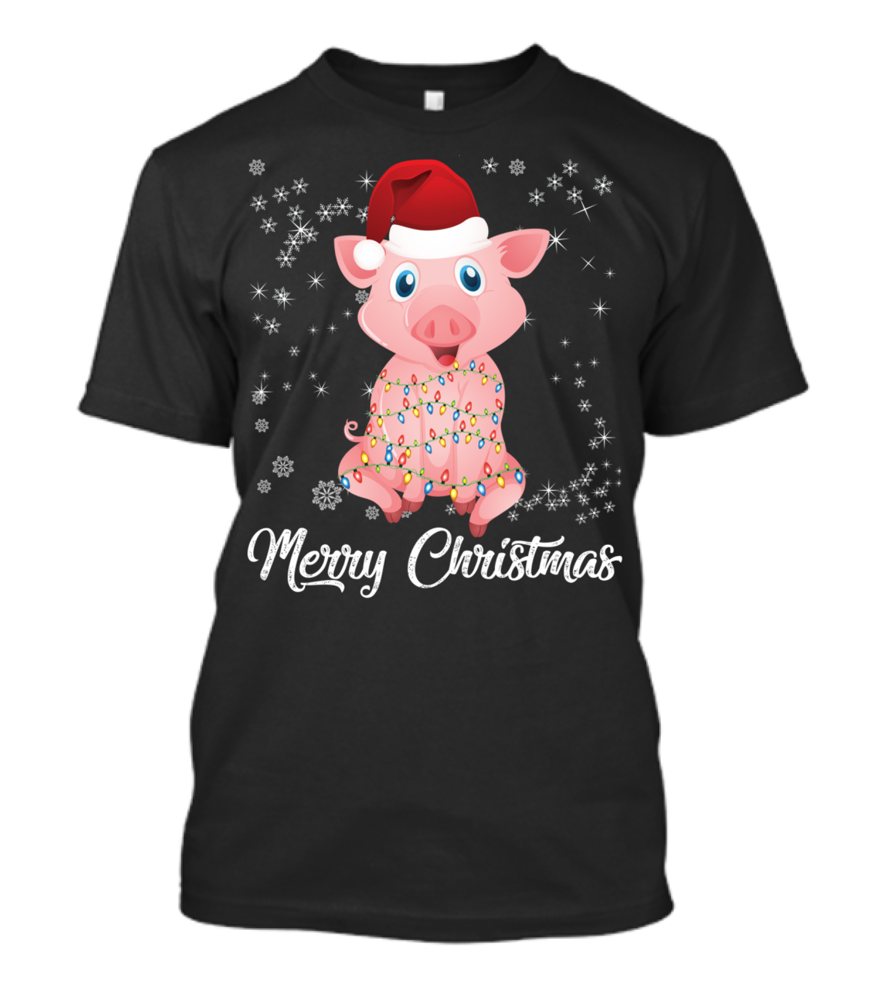 Merry Christmas Pig Santa Hat Wrapped In Holiday Lights T-Shirt