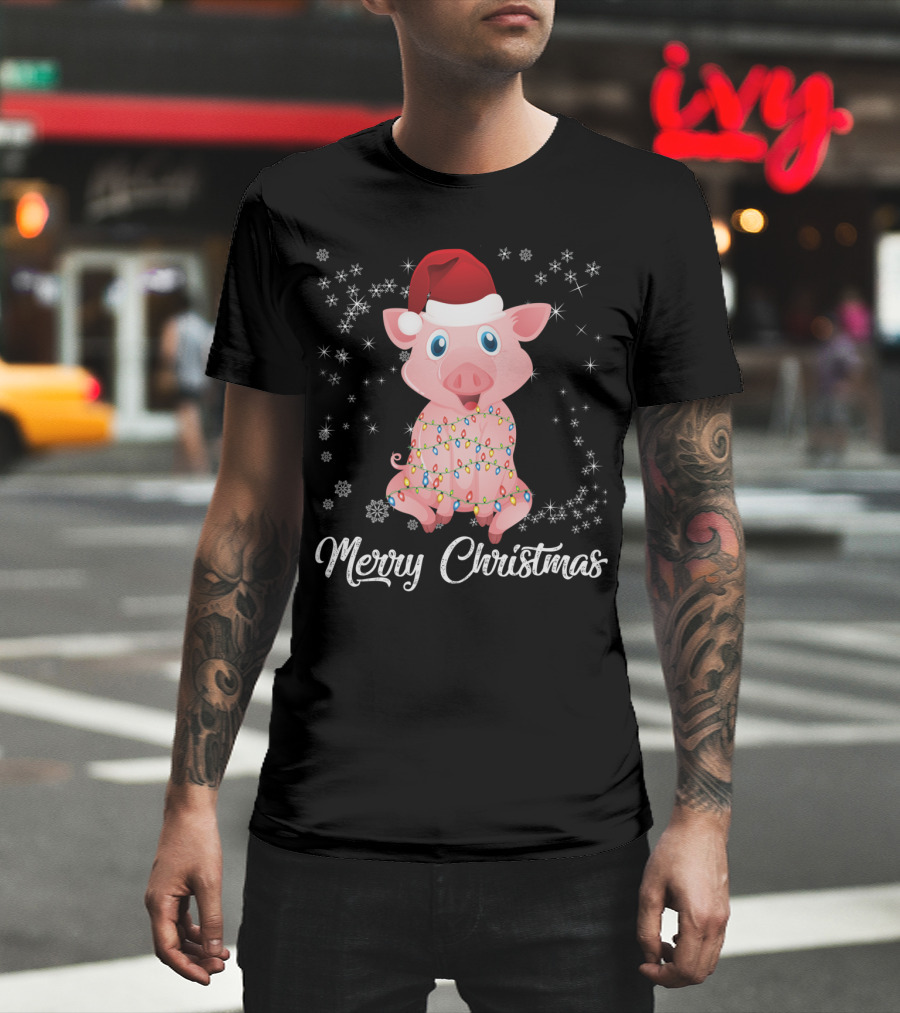 Merry Christmas Pig Santa Hat Wrapped In Holiday Lights T-Shirt