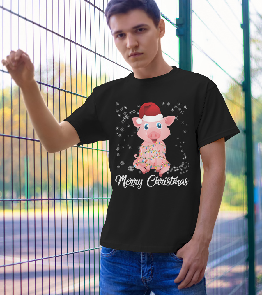 Merry Christmas Pig Santa Hat Wrapped In Holiday Lights T-Shirt