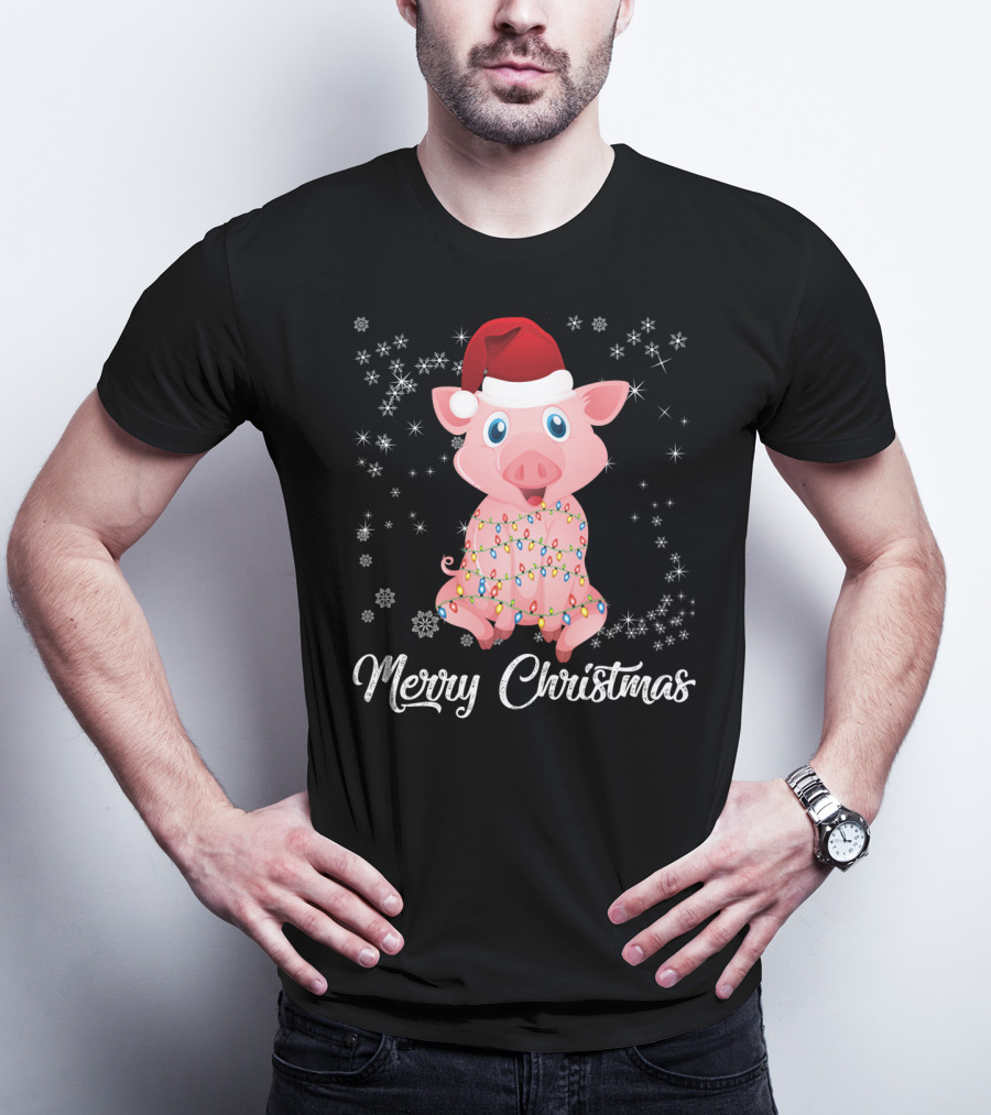 Merry Christmas Pig Santa Hat Wrapped In Holiday Lights T-Shirt