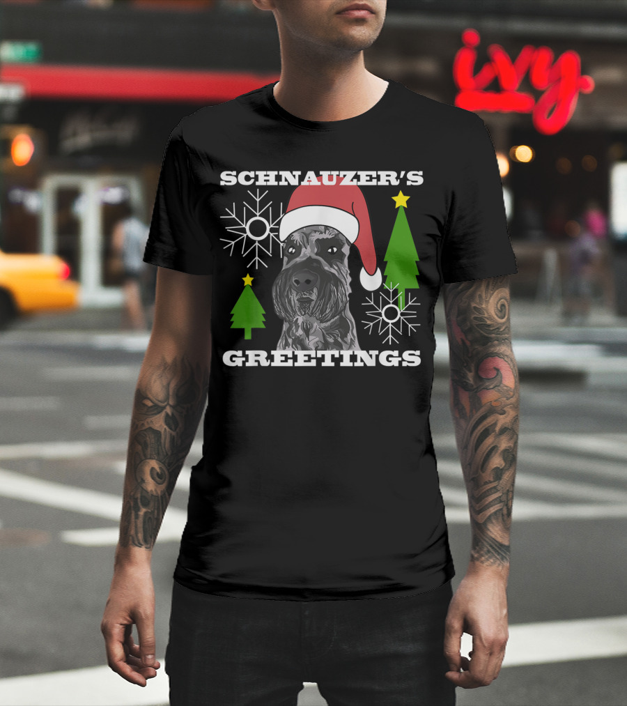 Schnauzer's Greetings Santa Hat Christmas Trees Snowflakes T-Shirt
