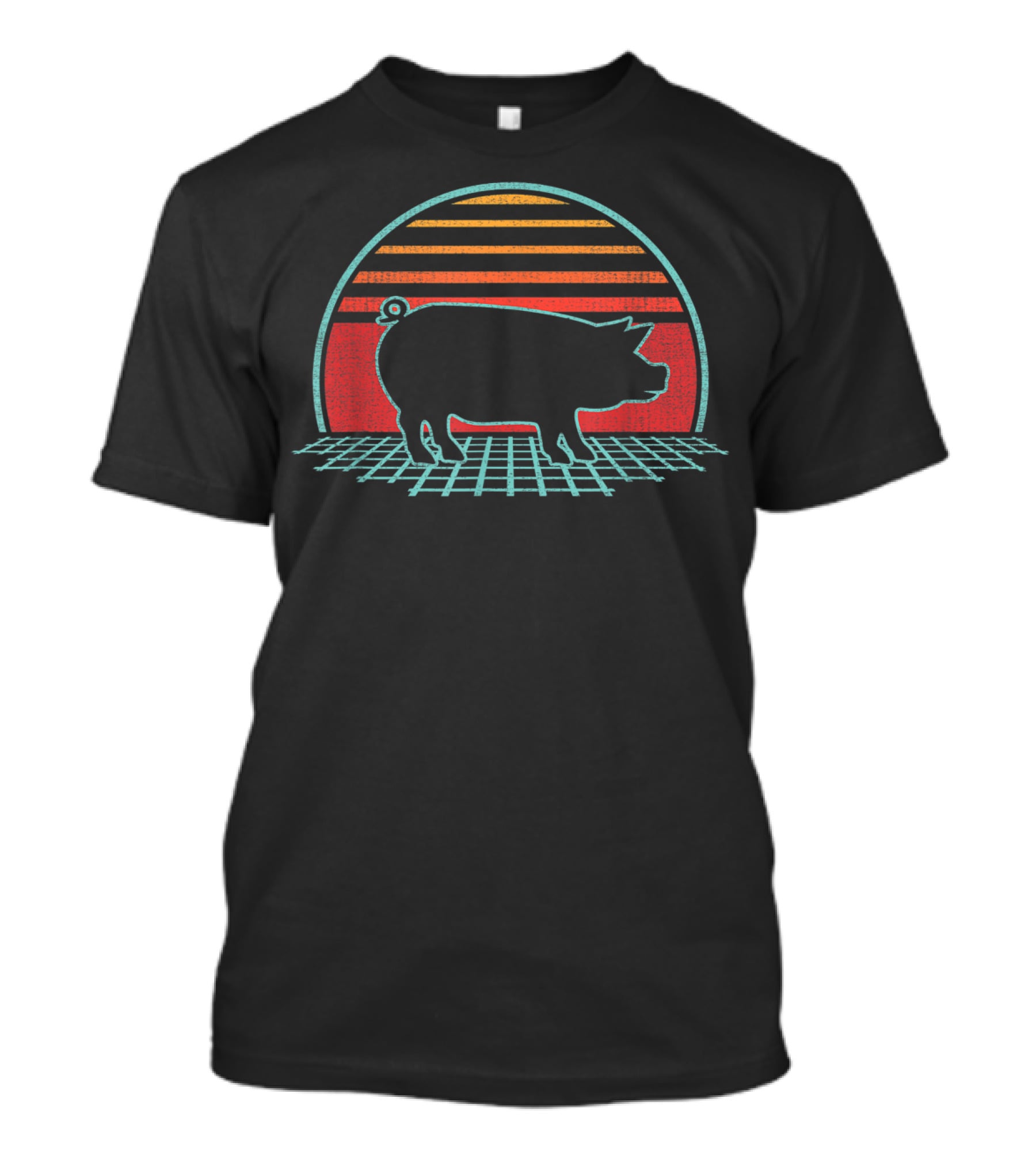Pig Retro Sunset Grid 80s Farm Animal Lover T-Shirt