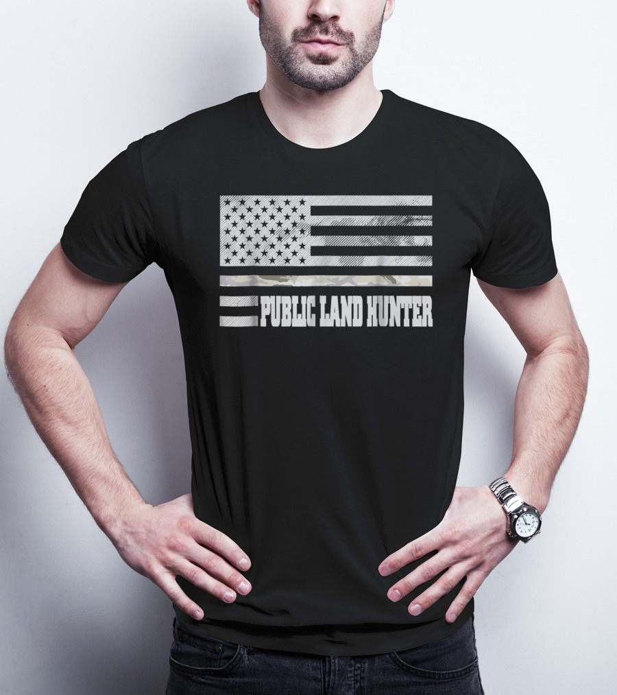 Public Land Hunter Camo Thin Line USA Flag Hunting American Pride T-Shirt