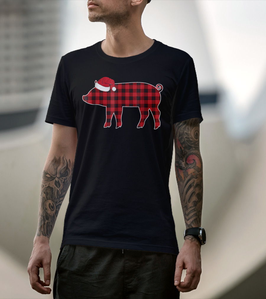 Buffalo Plaid Pig With Santa Hat Christmas T-Shirt