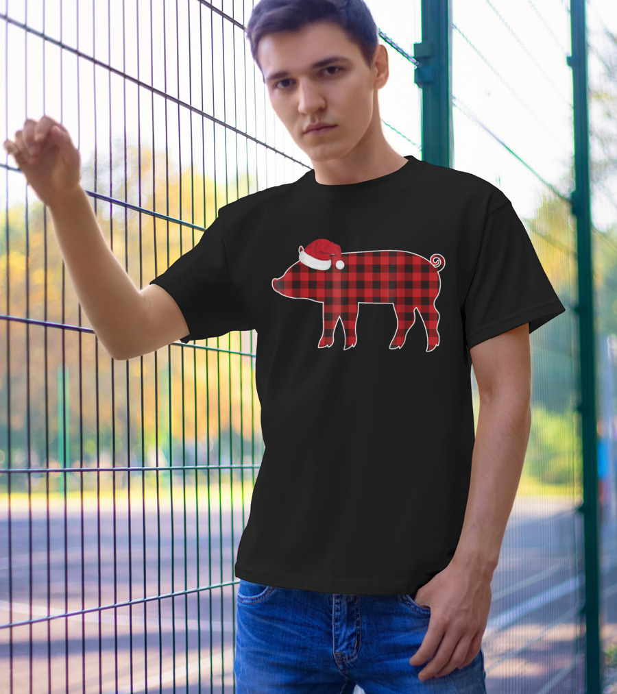Buffalo Plaid Pig With Santa Hat Christmas T-Shirt