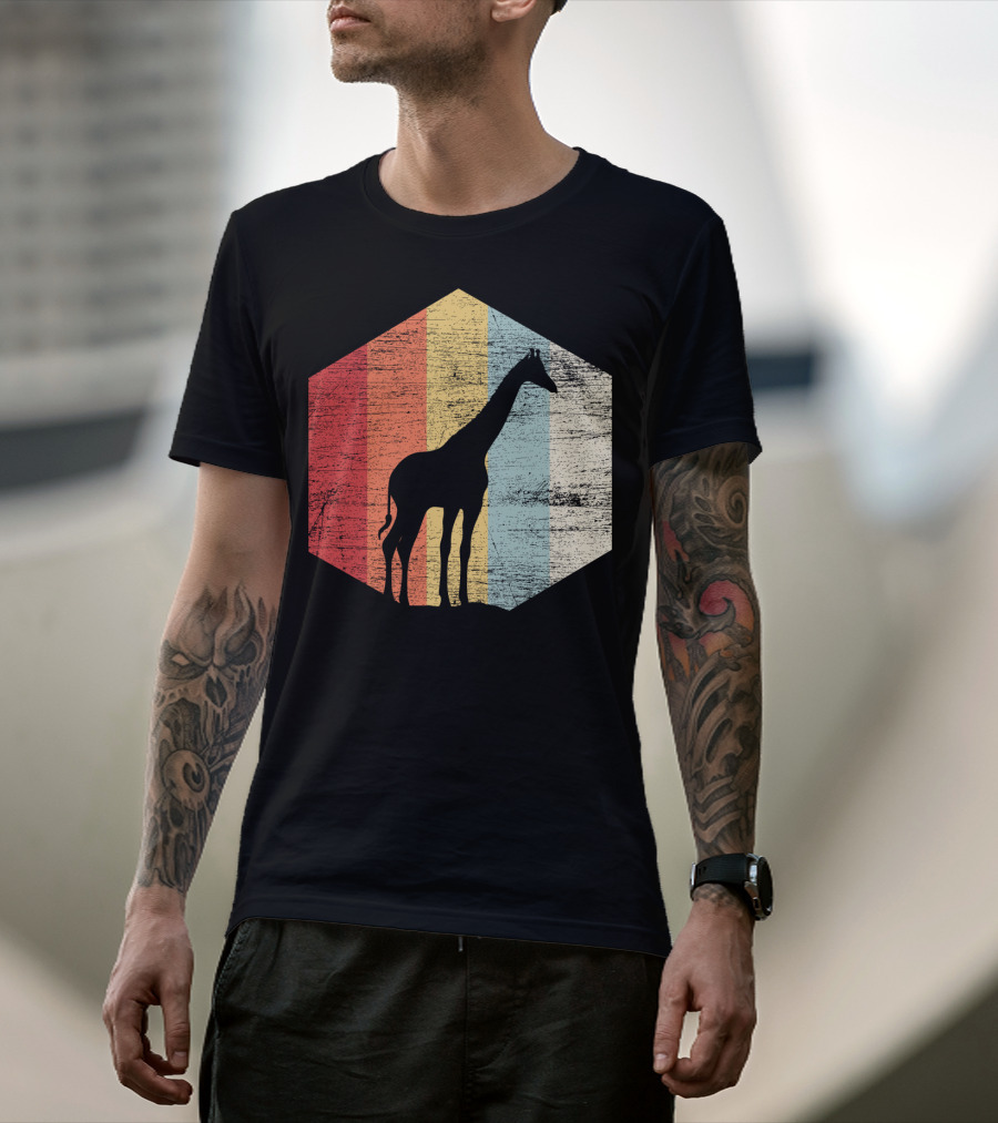 Retro Giraffe Silhouette With Vintage Stripes T-Shirt