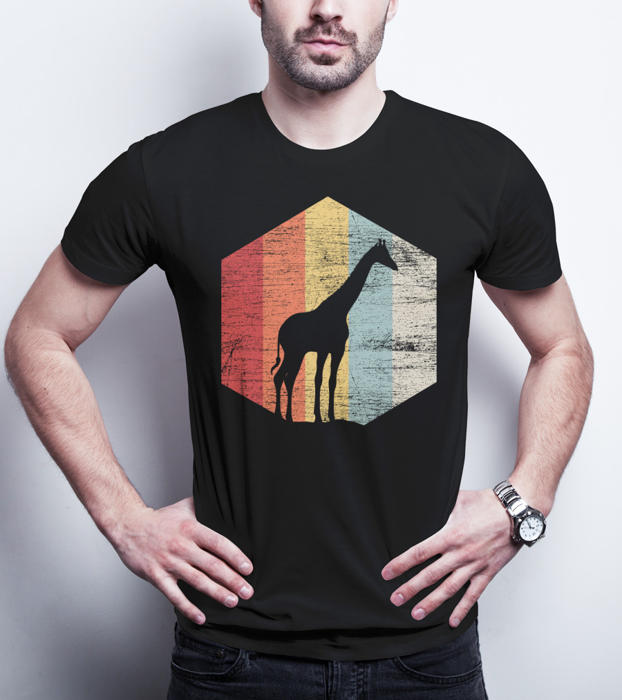 Retro Giraffe Silhouette With Vintage Stripes T-Shirt
