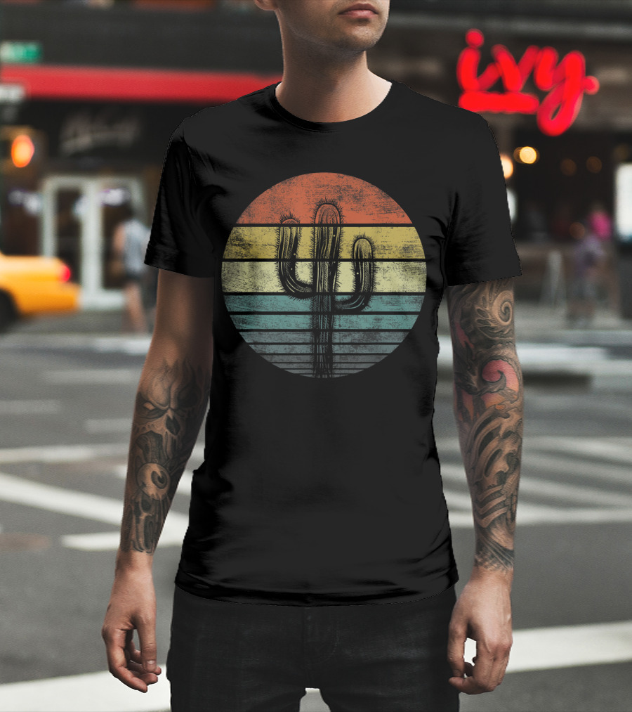 Retro Saguaro Cactus Sunset Stripes Cactaceae Vintage Vibes T-Shirt