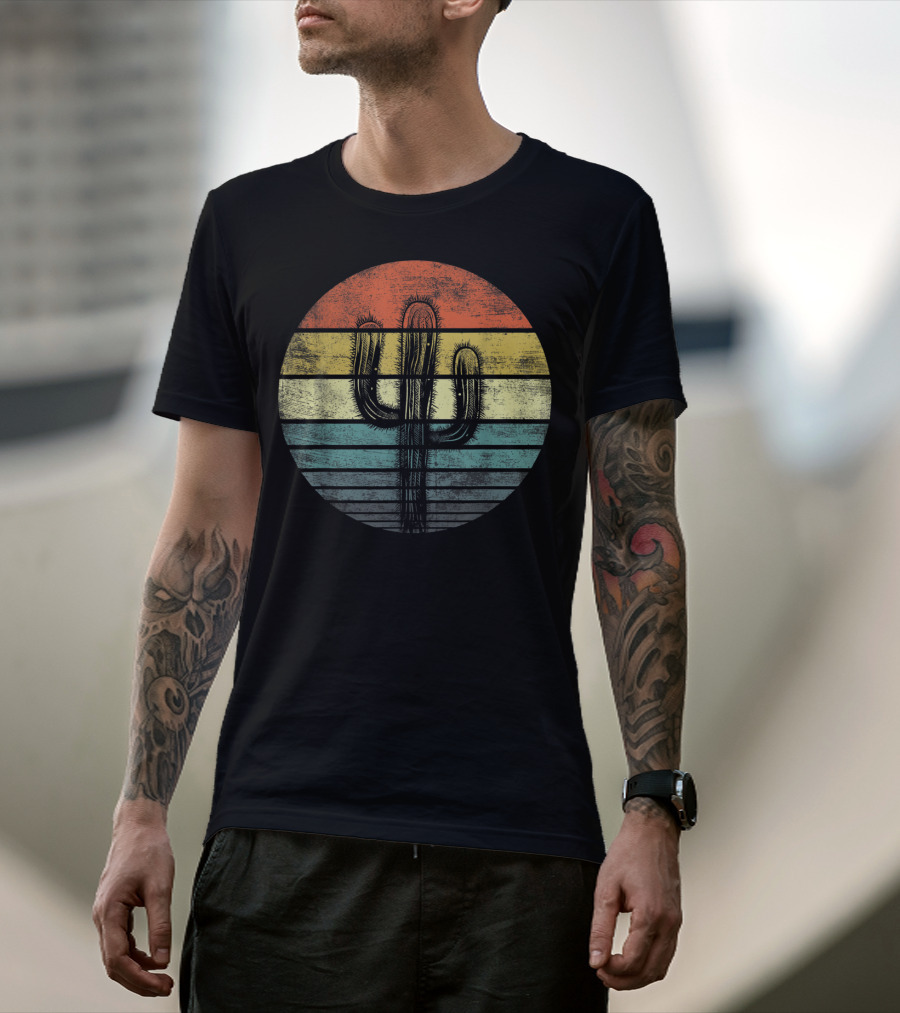 Retro Saguaro Cactus Sunset Stripes Cactaceae Vintage Vibes T-Shirt