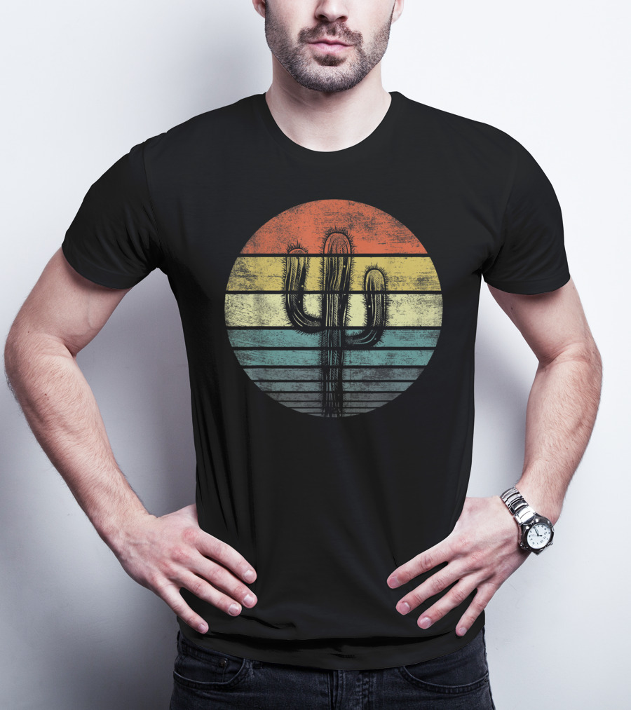 Retro Saguaro Cactus Sunset Stripes Cactaceae Vintage Vibes T-Shirt