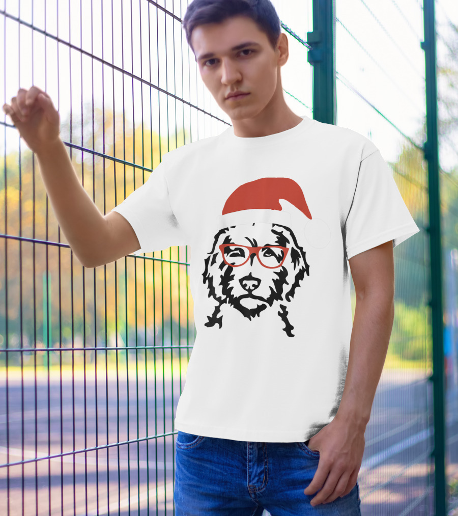 Santa Doodle Goldendoodle Christmas Red Hat Glasses T-Shirt