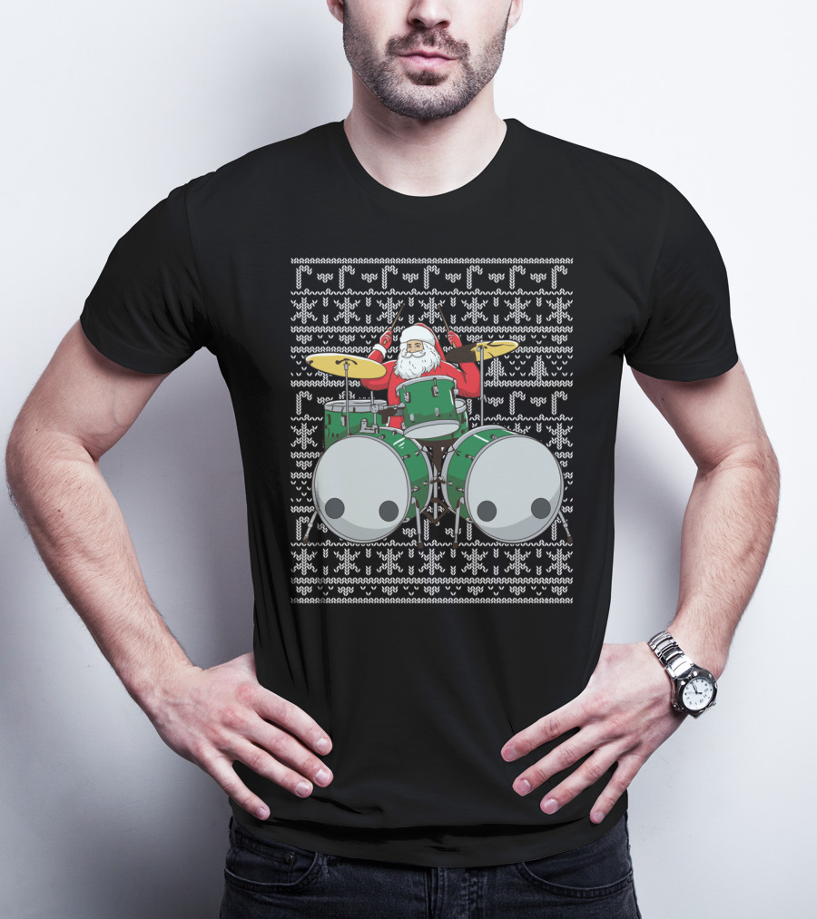 Santa Drummer Christmas Ugly Sweater Style Drums T-Shirt
