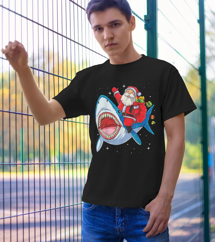 Santa And Presents On Shark In Starry Christmas Galaxy T-Shirt