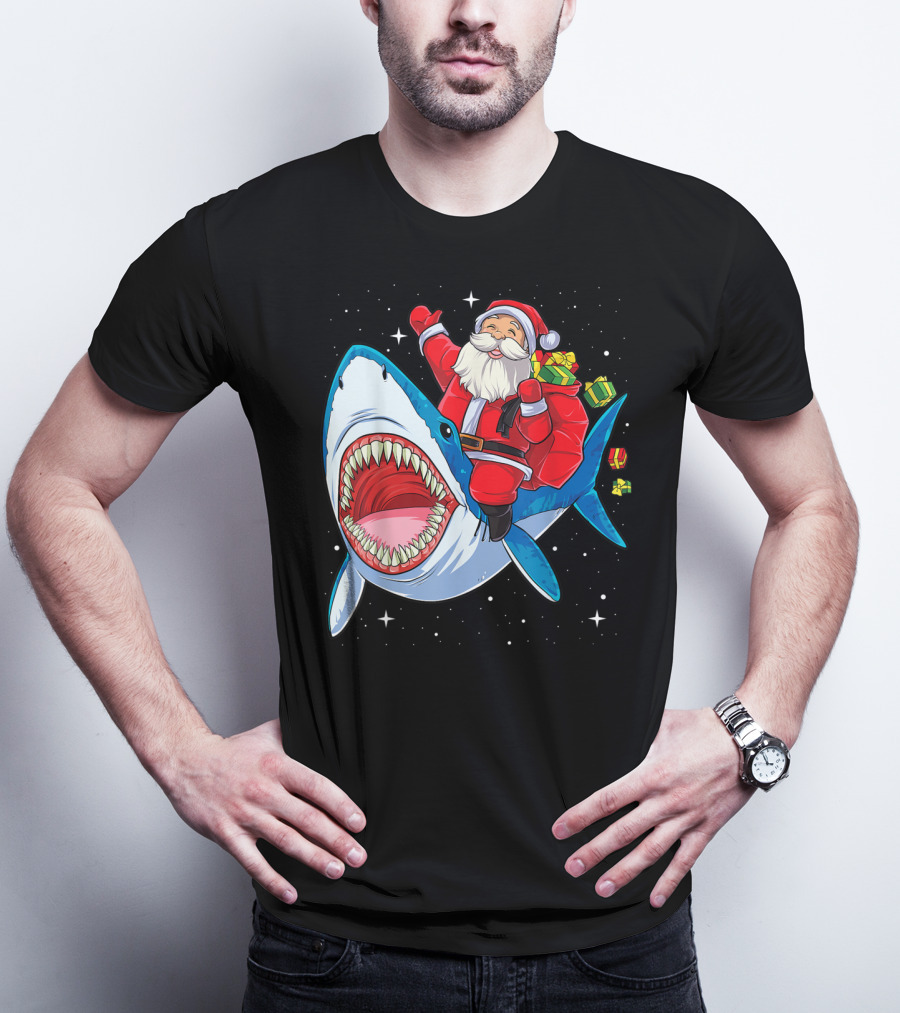 Santa And Presents On Shark In Starry Christmas Galaxy T-Shirt