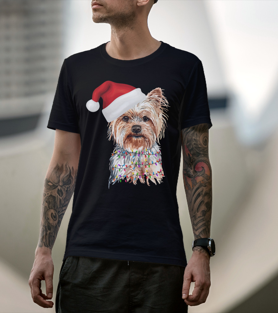 Santa Yorkie Terrier Dog With Christmas Lights Reindeer T-Shirt