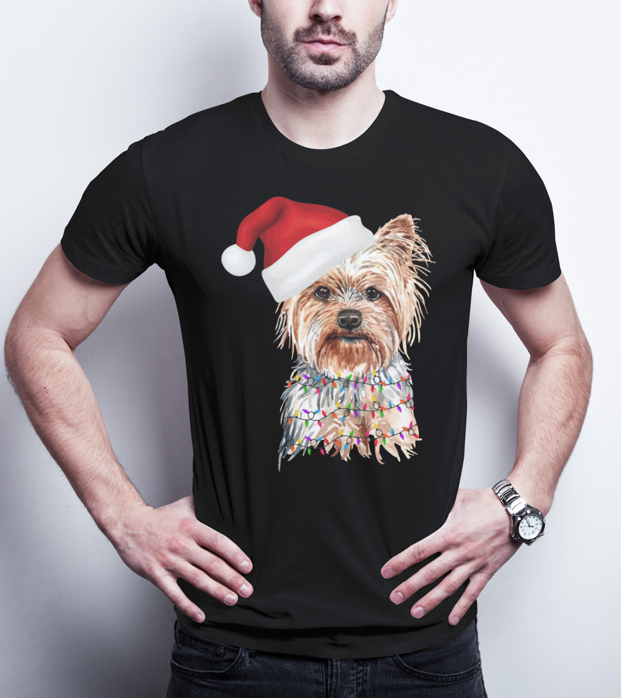 Santa Yorkie Terrier Dog With Christmas Lights Reindeer T-Shirt