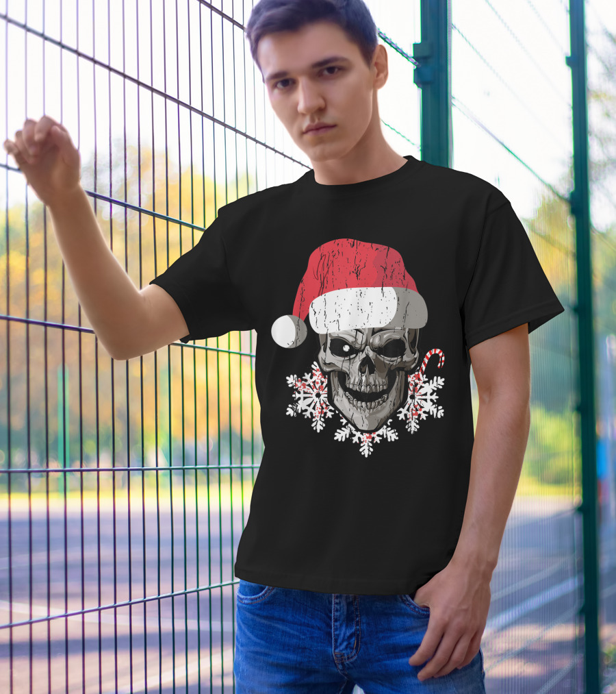 Skull Santa Hat Snowflakes Candy Cane T-Shirt