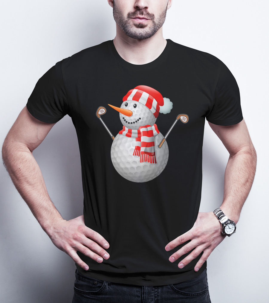 Snowman Golf Ball Christmas Hat Red Scarf Golf Clubs T-Shirt