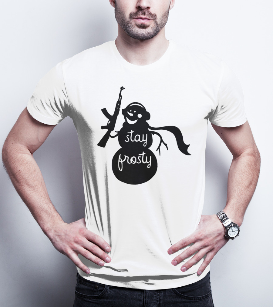 Stay Frosty Snowman With Headphones And Rifle T-Shirt