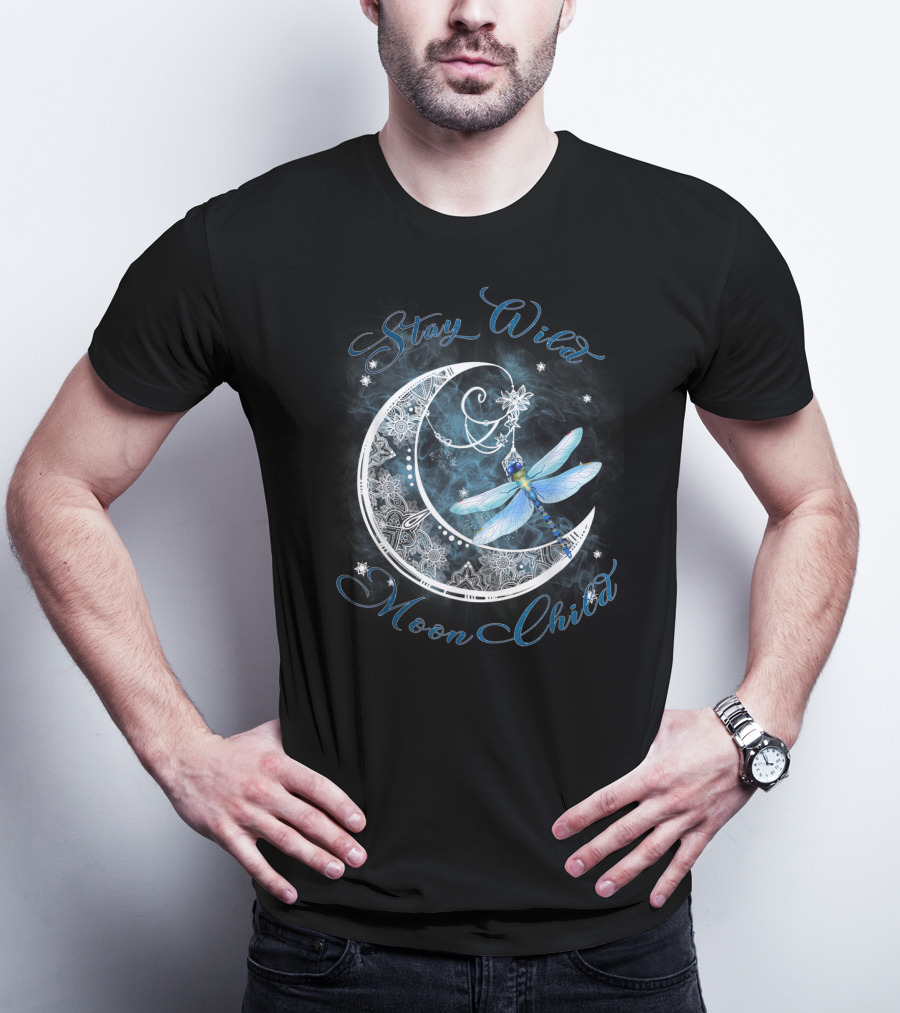 Stay Wild Moon Child Dreamy Dragonfly On Crescent Moon T-Shirt