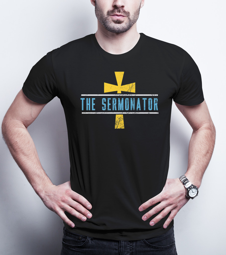 The Sermonator Distressed Cross Symbol Text T-Shirt